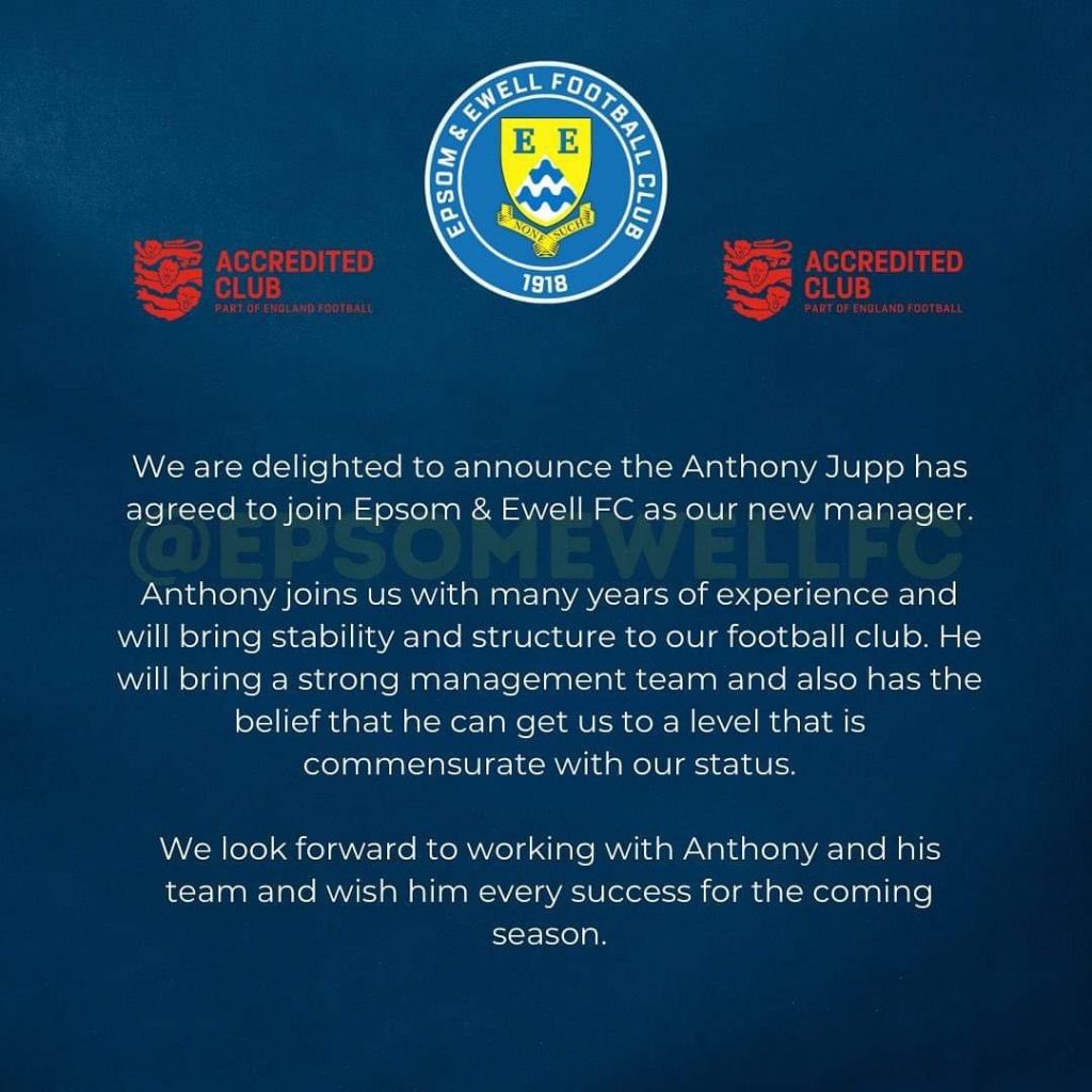 Epsom & Ewell F.C. announce Anthony Jupp as new manager › Epsom & Ewell ...